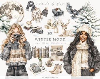 Watercolor Winter Clipart, PNG Bundle, Sweater Weather, Rustic, Digital ...