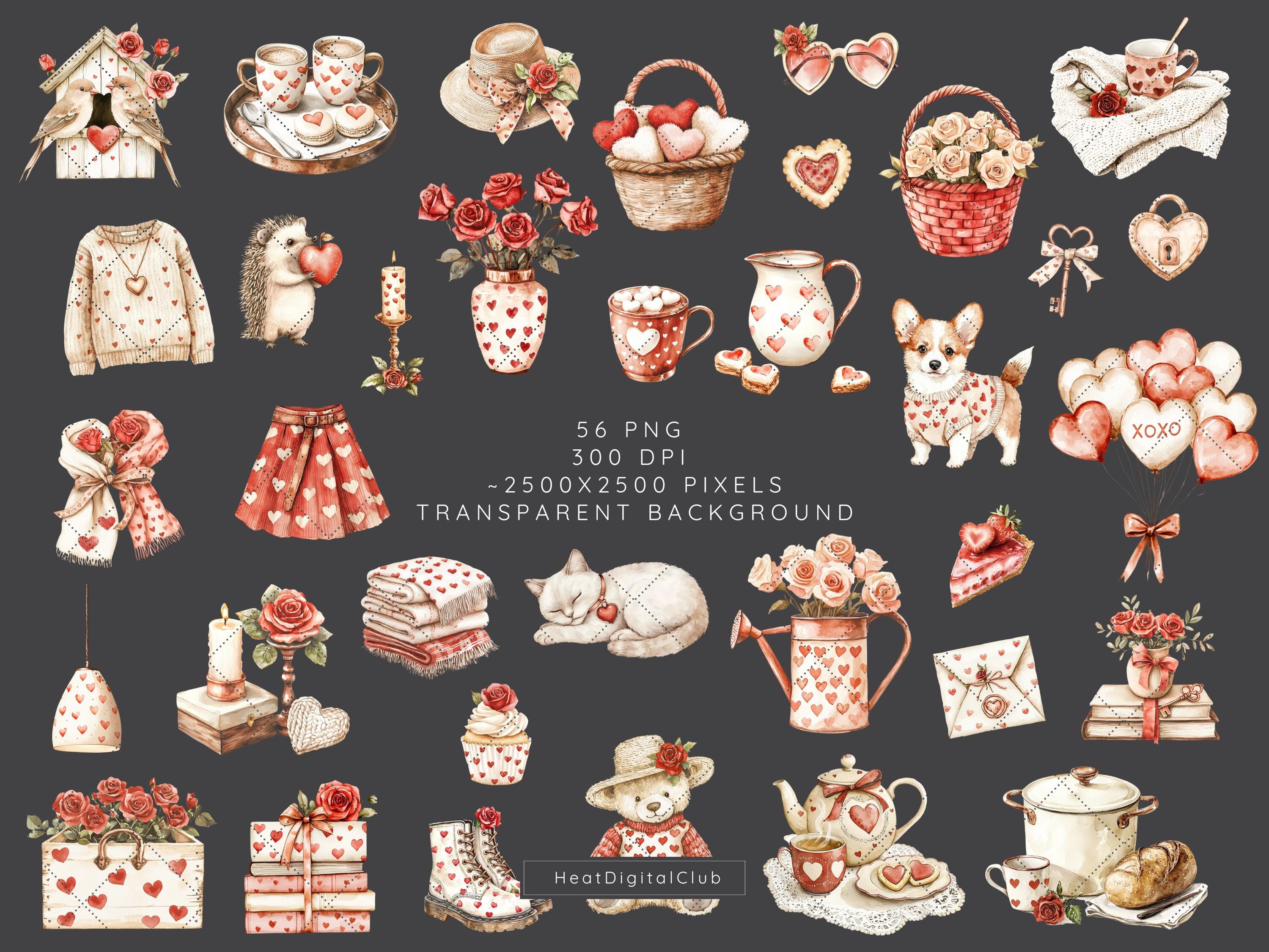 Watercolor Valentines Day Clipart Bundle, Cottage Romance Romantic PNG ...