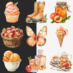 Watercolor Peach Garden Clipart Bundle, Fruit Clip Art, Summer Graphics ...