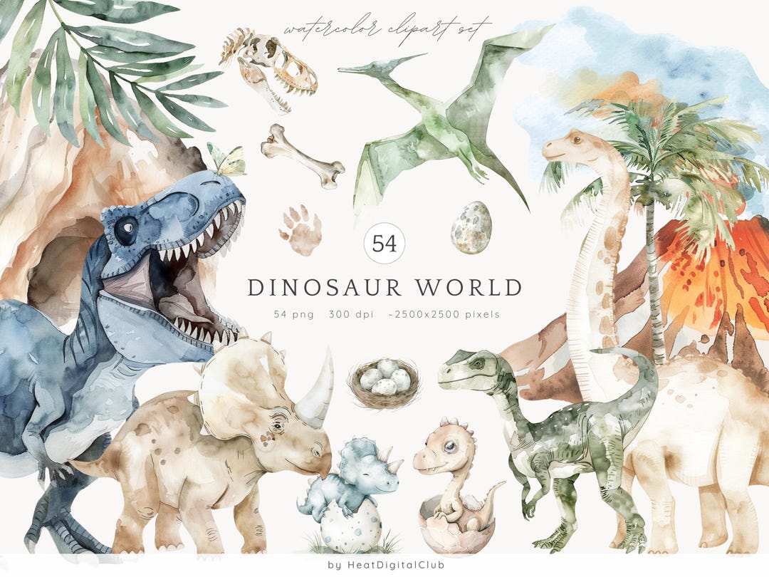 Watercolor Dinosaur World Clipart Bundle, Cute Dino Clip Art, Dinosaur ...