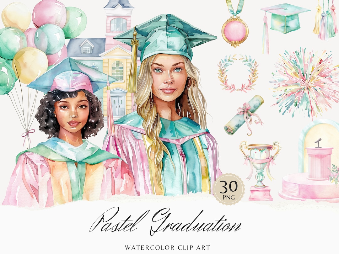 Watercolor Pastel Graduation Clipart, Graduation Clip Art Bundle ...