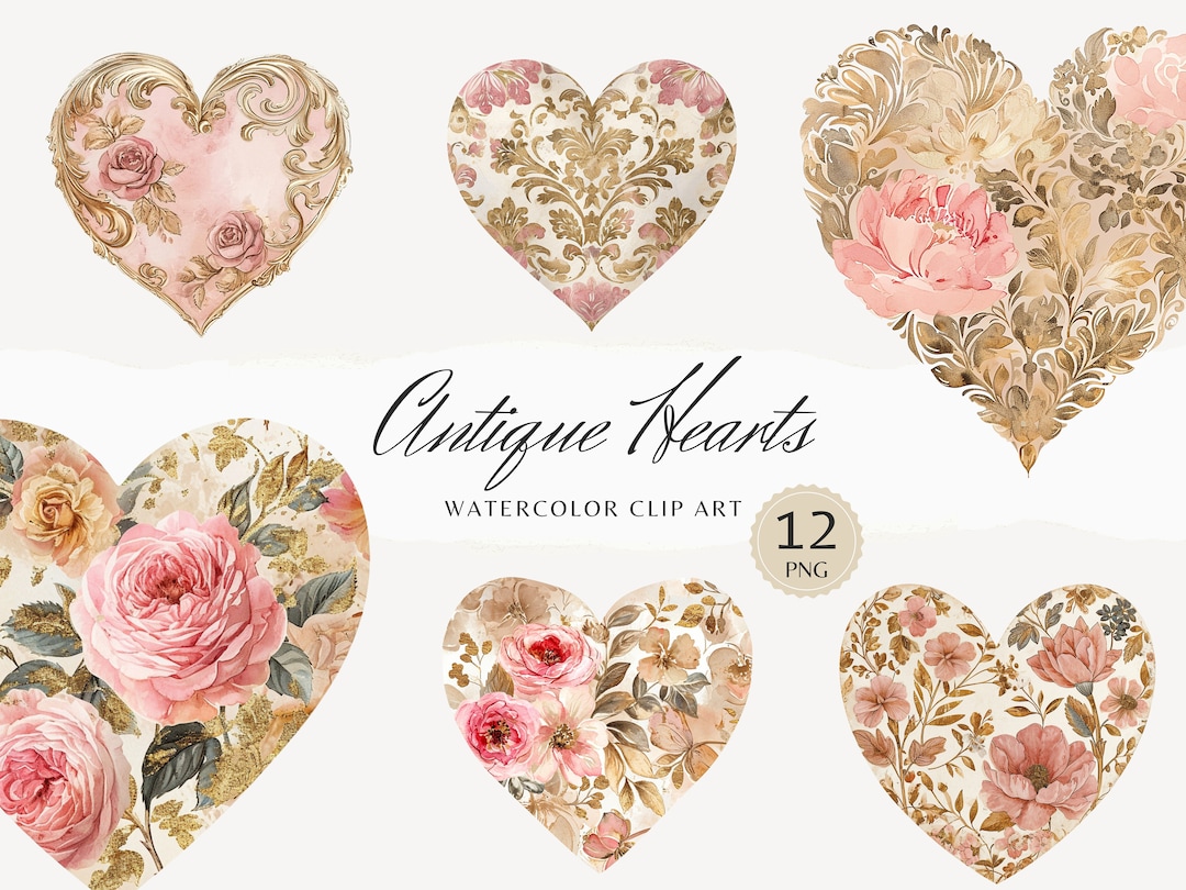 Watercolor Antique Hearts Clipart, Heart Clip Art, Vintage, Romantic ...