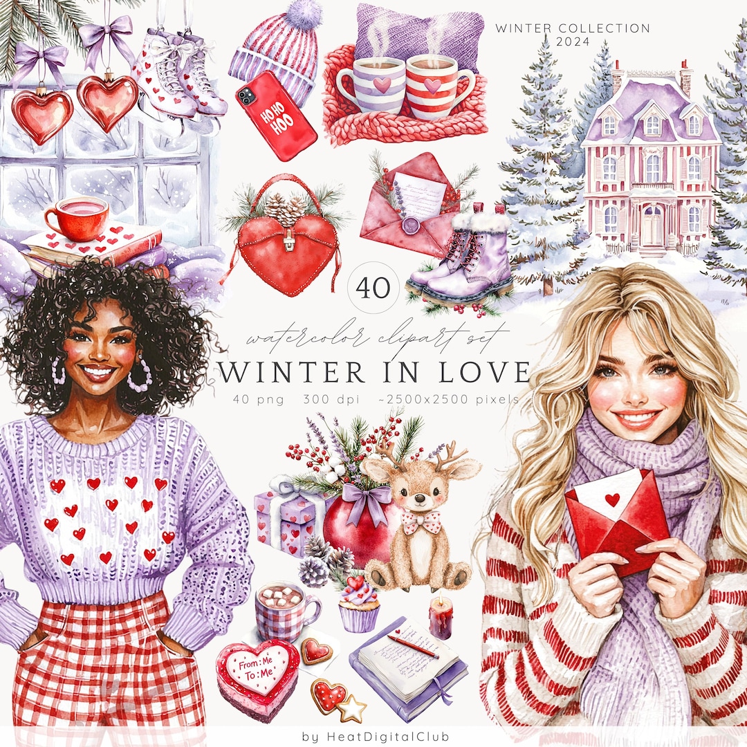 Watercolor Winter in Love Clipart, Cozy Romantic Winter Clip Art Bundle ...