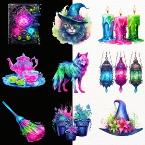 Watercolor Neon Witch Clipart Bundle, Magic Witch Clip Art PNG, Witches ...