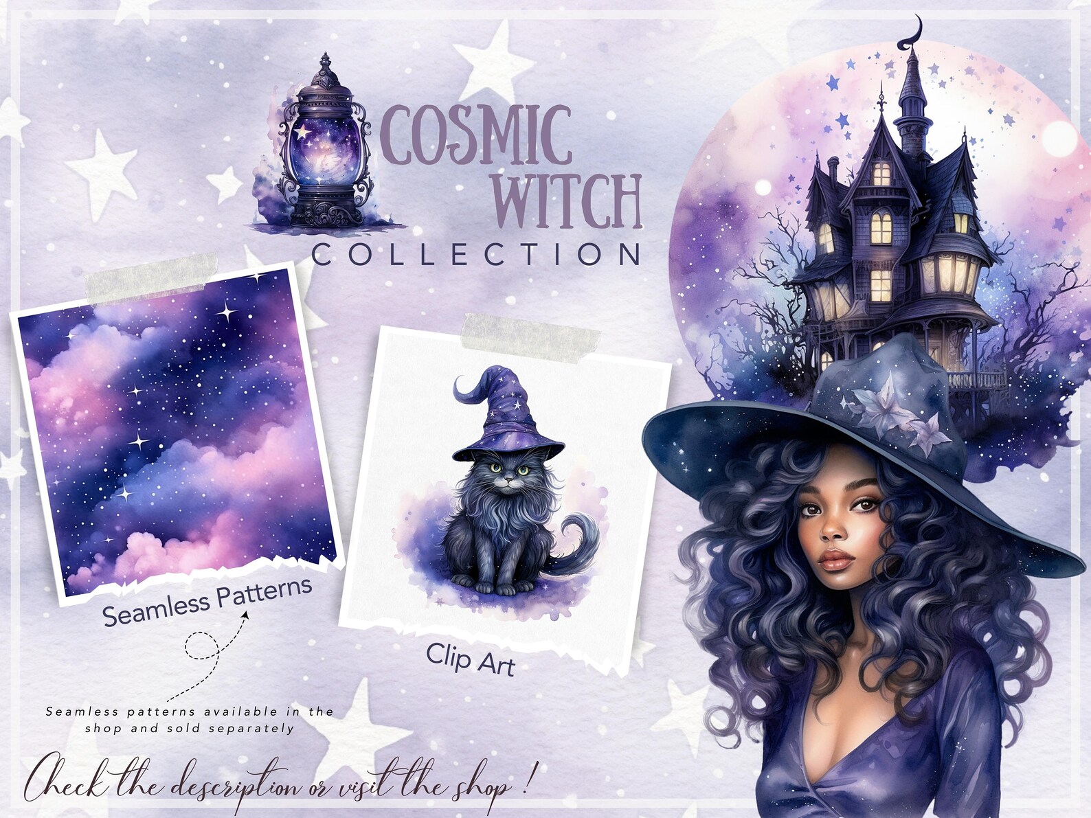 Watercolor Cosmic Witch Clipart Bundle, Celestial Magic Witch Clip Art ...