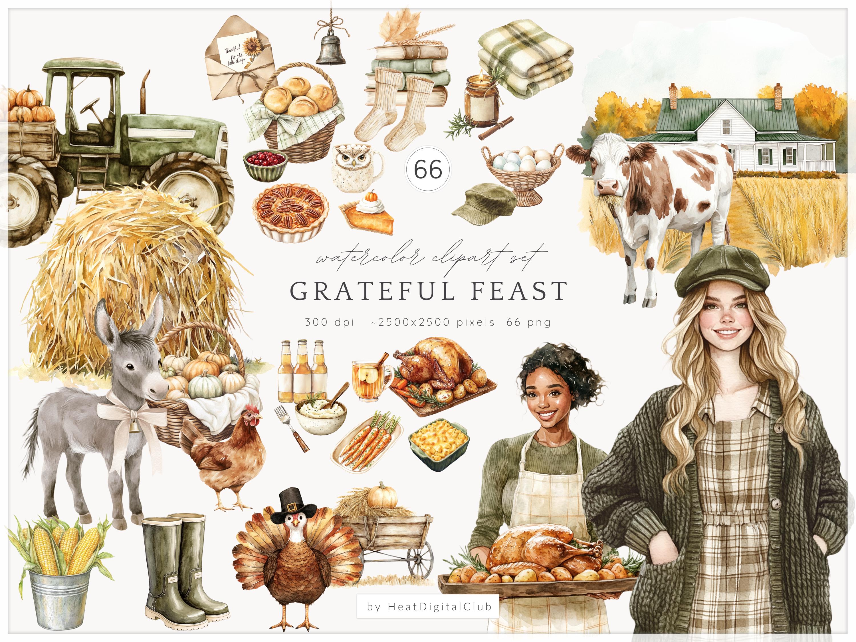 Watercolor Grateful Feast Clipart, Thanksgiving Day PNG, Autumn Harvest ...