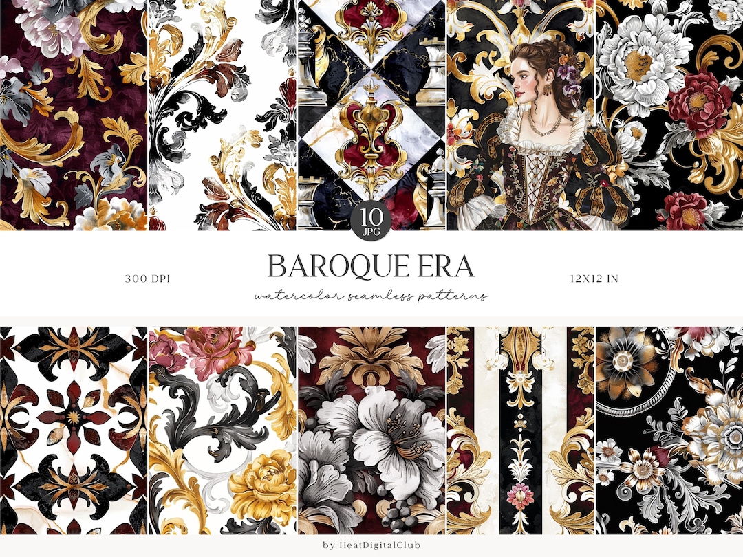 Watercolor Baroque Era Seamless Patterns, Vintage Elegant Floral JPEG ...