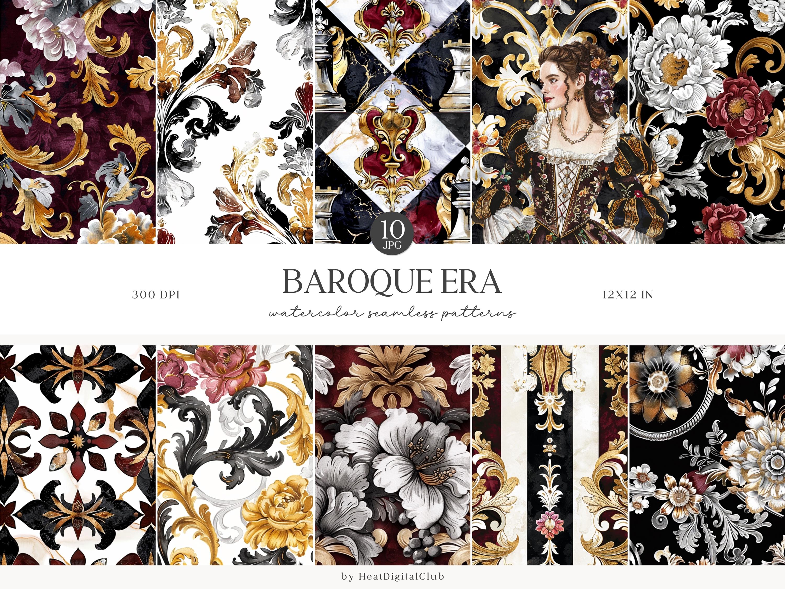 Watercolor Baroque Era Seamless Patterns, Vintage Elegant Floral JPEG ...
