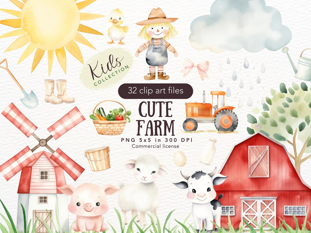 Watercolor Cute Farm Clipart Bundle Funny Farm Animals - Etsy