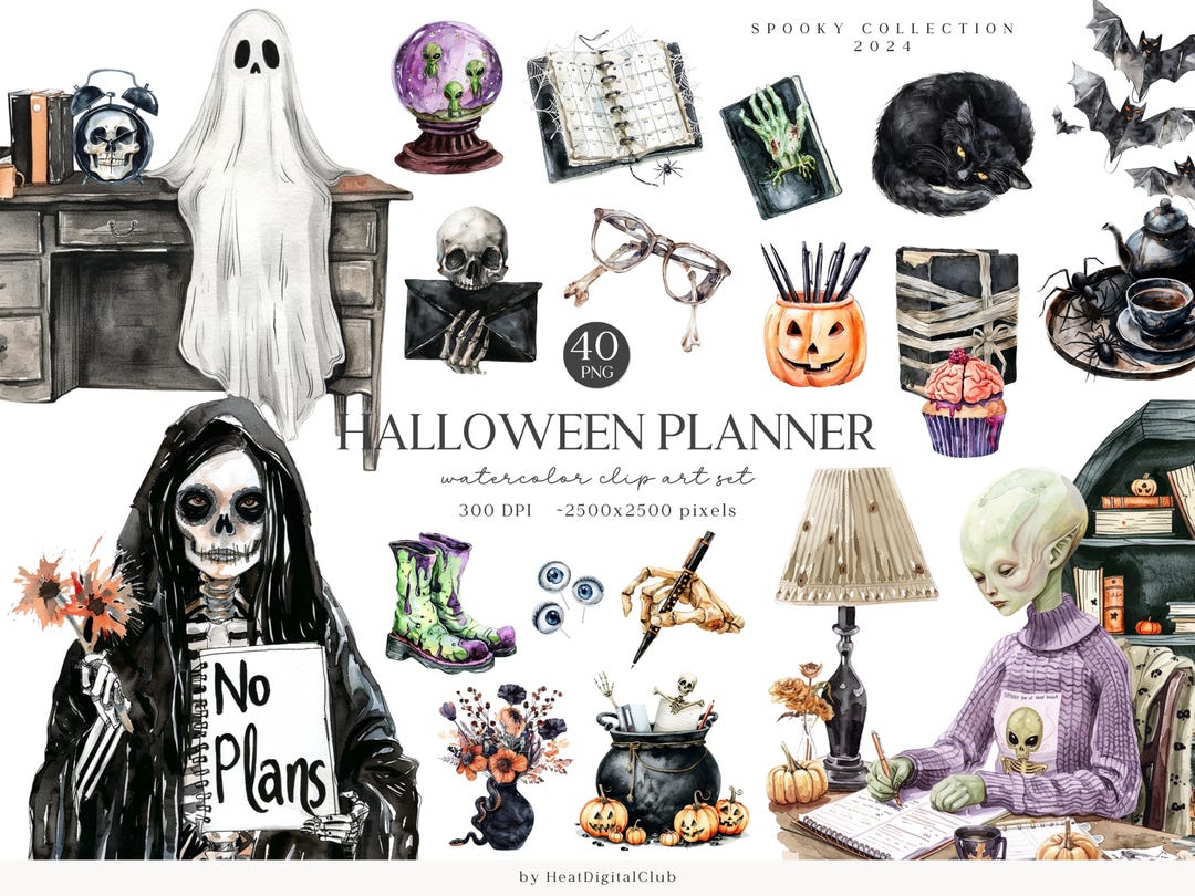 Watercolor Halloween Planner Clipart, Spooky Planner Clip Art, Planner ...