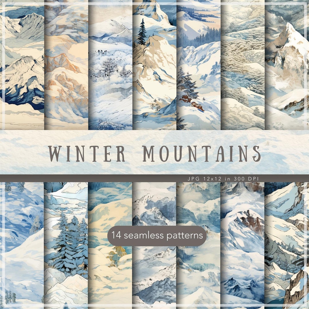 Seamless Watercolor Winter Mountains Patterns, Vintage Mountains, JPEG ...