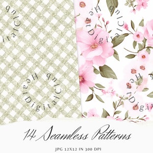 Watercolor Shabby Chic Seamless Patterns, Pastel Floral JPEG, Stripes ...