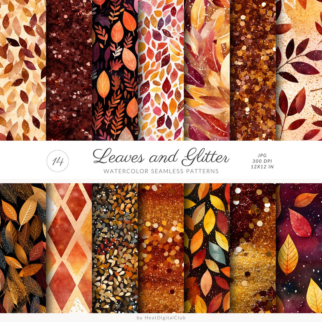 Seamless Watercolor Fall Leaves and Glitter Patterns, Digital Download ...