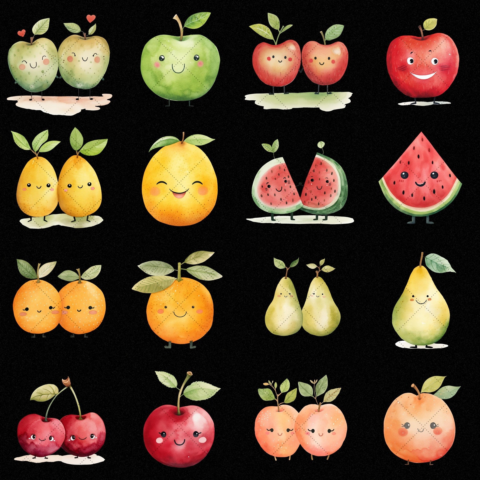 Watercolor Cute Fruits Clipart Bundle, Funny Fruits Berries Clip Art ...