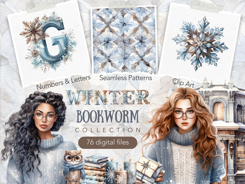 Watercolor Winter Bookworm Clip Art Bundle, Bookshelf, Winter Book ...