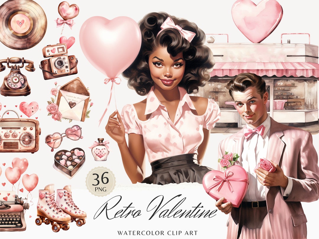 Watercolor Retro Valentine Clipart Bundle, Valentines Day Clip Art PNG ...
