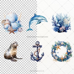 Watercolor Nautical Aesthetics Clipart, Romantic Navy PNG Bundle ...