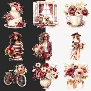 Watercolor Burgundy Spring Clipart, Cozy Spring Clip Art, Floral ...