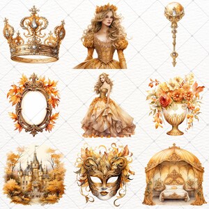 36 Watercolor Fall Princess Clipart PNG Bundle, Victorian Autumn ...