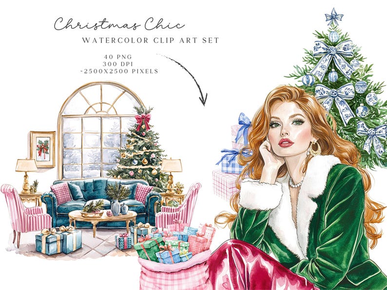Watercolor Grandmillennial Christmas Clipart, Chinoiserie Clip Art ...