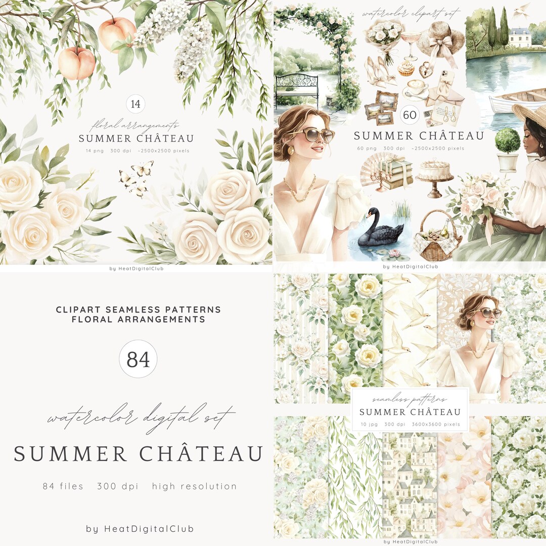Watercolor Summer Château Clipart, Elegant French Country Clip Art ...