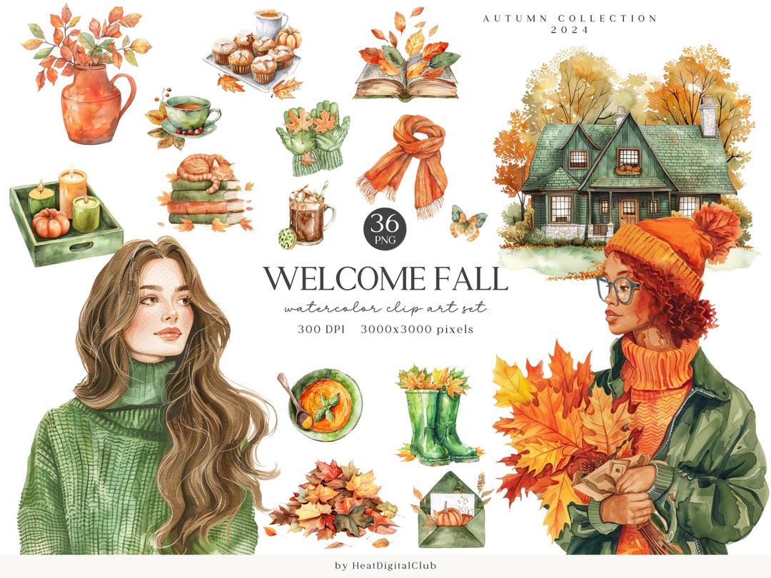 Watercolor Welcome Fall Clipart Bundle, Autumn Clipart PNG, Cozy Fall ...