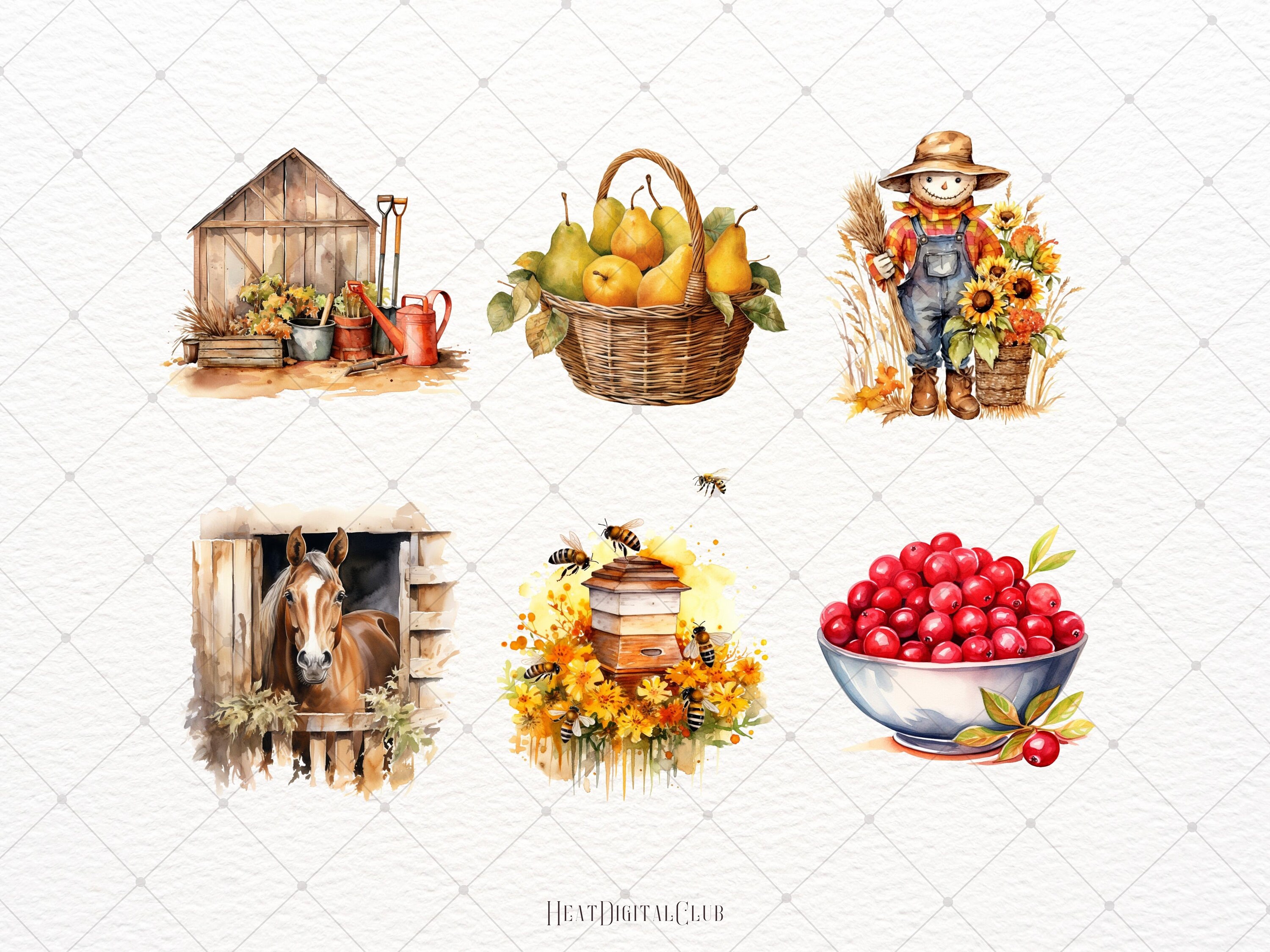 Watercolor Harvest Time Fall Clipart, Romantic Autumn Farm PNG Bundle ...