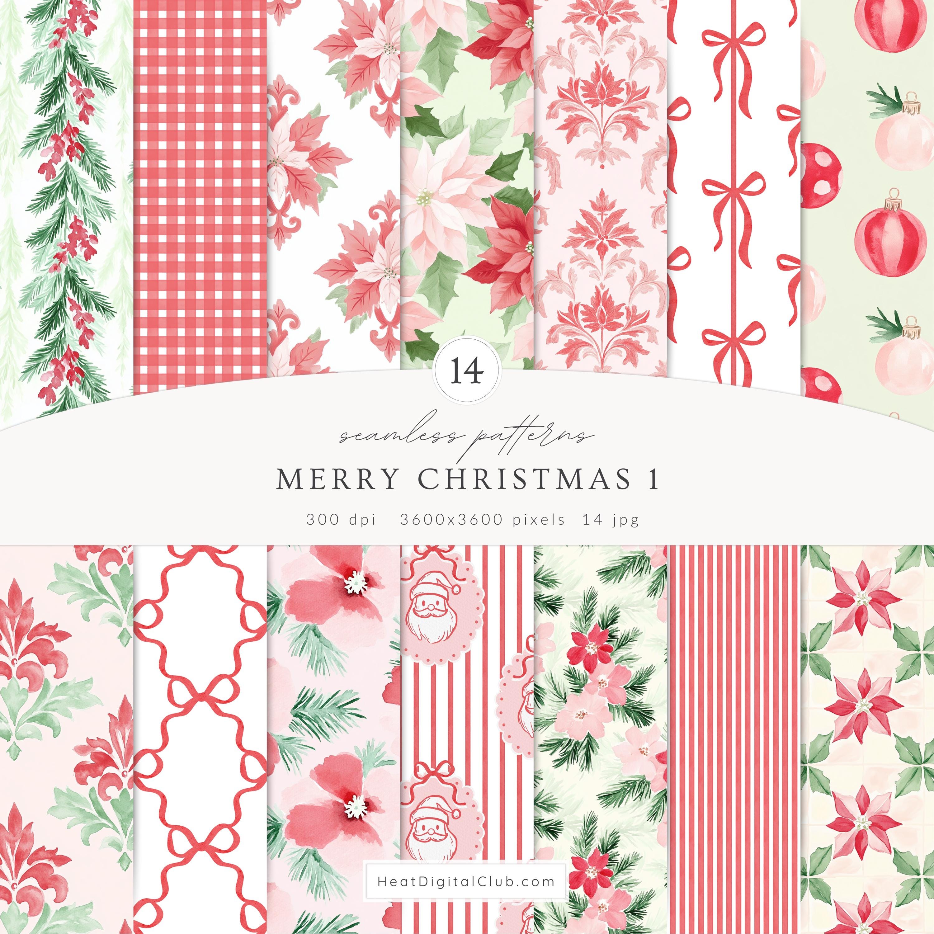 Watercolor Merry Christmas Seamless Patterns, Grandmillennial Holiday ...