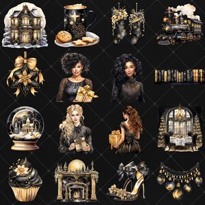 Watercolor Black & Gold Christmas Clipart Bundle, Festive Holiday Clip ...
