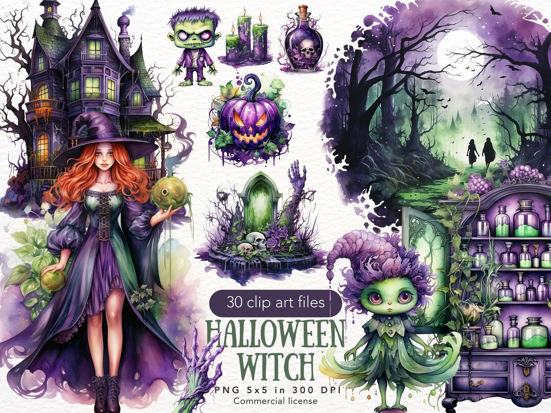 Watercolor Spooky Dark Halloween Witch Clipart Bundle PNG, Witchcraft ...