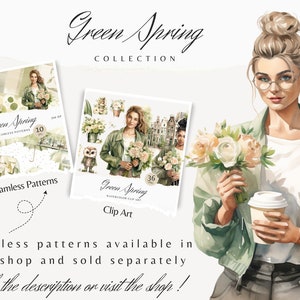 Watercolor Green Spring Clipart, Cozy Spring Clip Art, Floral Graphics ...
