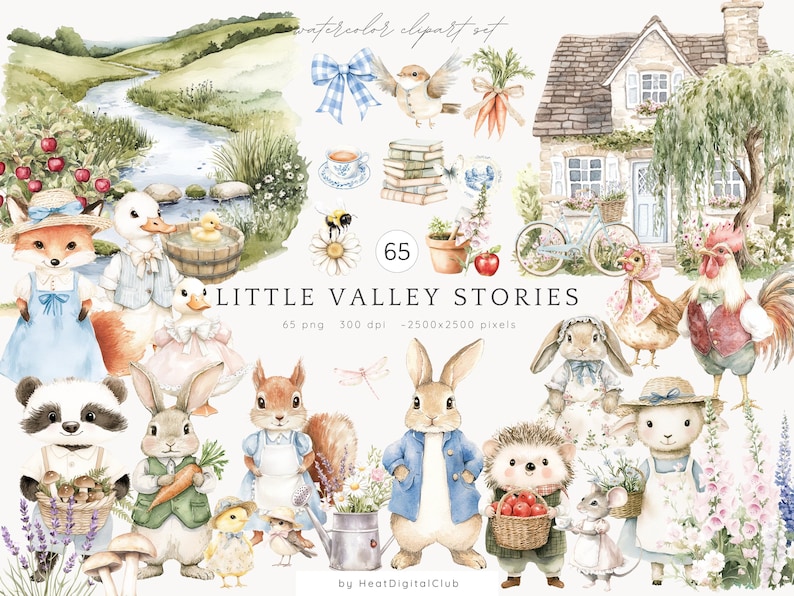 Watercolor Little Valley Stories Clipart, Vintage Bunny PNG, Cute ...