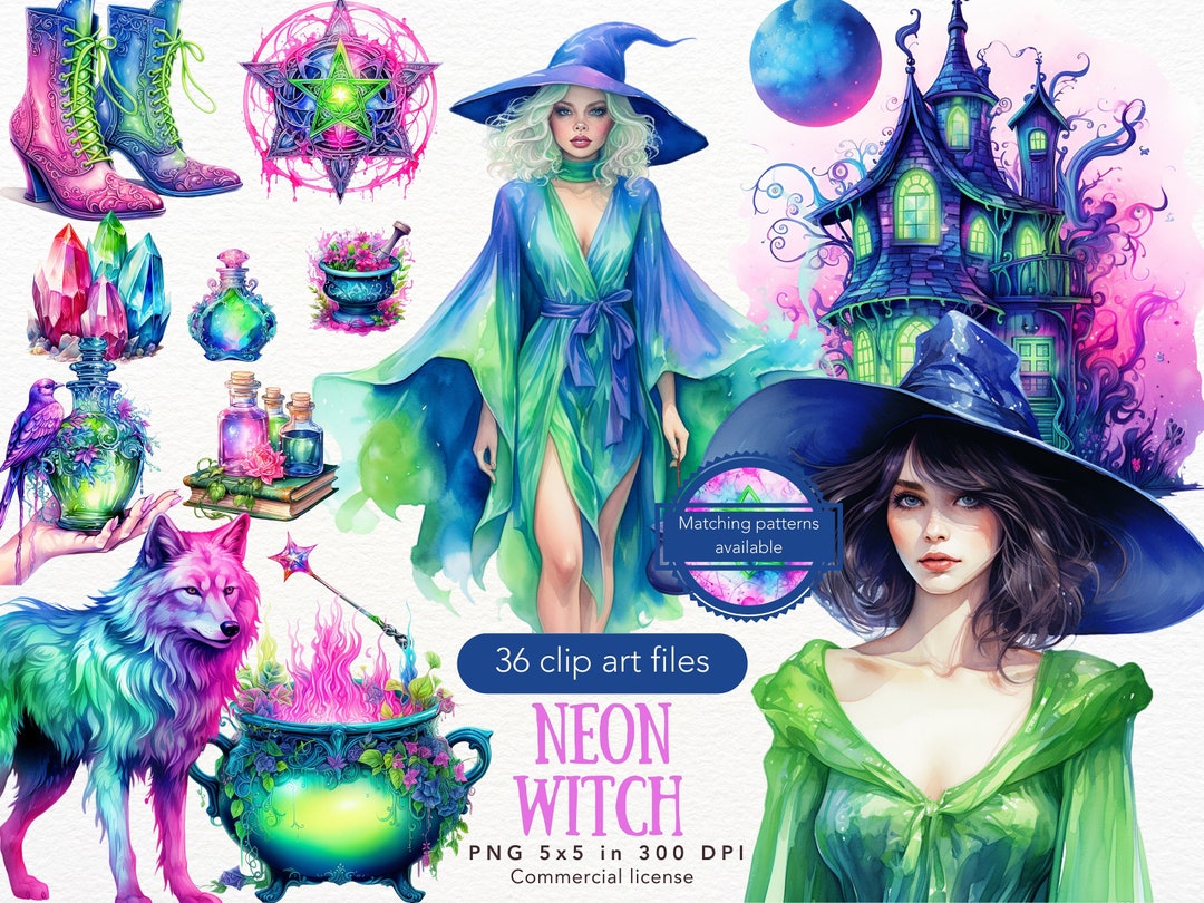 Watercolor Neon Witch Clipart Bundle Magic Witch Clip Art - Etsy