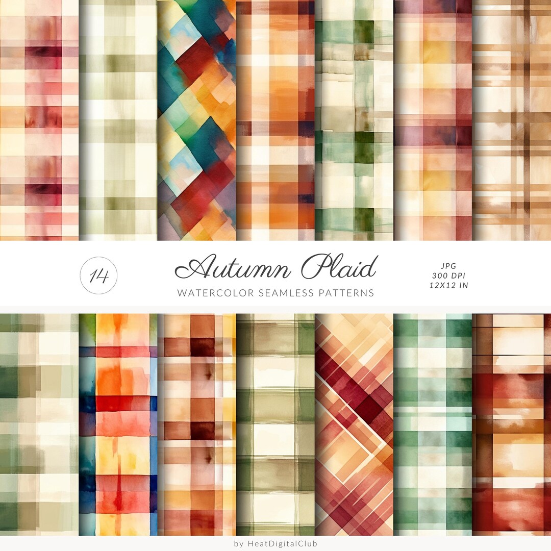 Seamless Watercolor Fall Plaid Patterns, Checkered Textures Digital ...