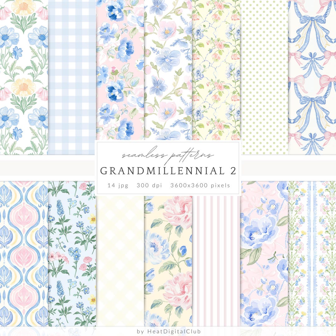 Watercolor Grandmillennial Seamless Patterns, Set 2, Pastel Floral JPEG ...