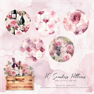 Watercolor Rose Wine Lover Seamless Patterns, Rose Grape Pattern JPEG ...