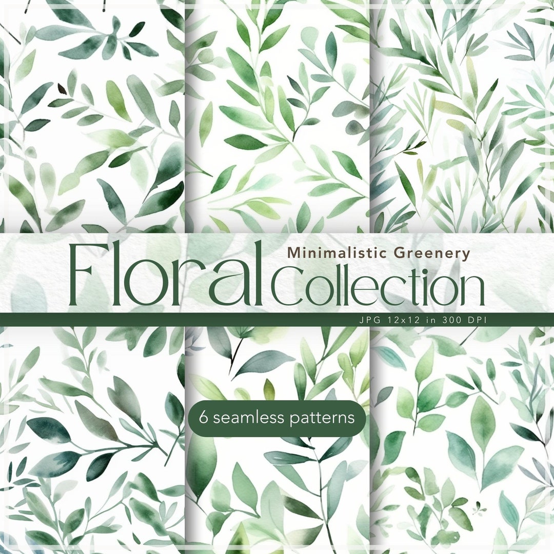 6 Seamless Watercolor Minimalistic Greenery Patterns, JPEG, Digital ...