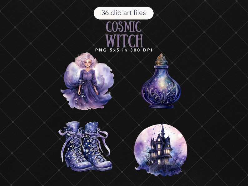 Watercolor Cosmic Witch Clipart Bundle, Celestial Magic Witch Clip Art ...
