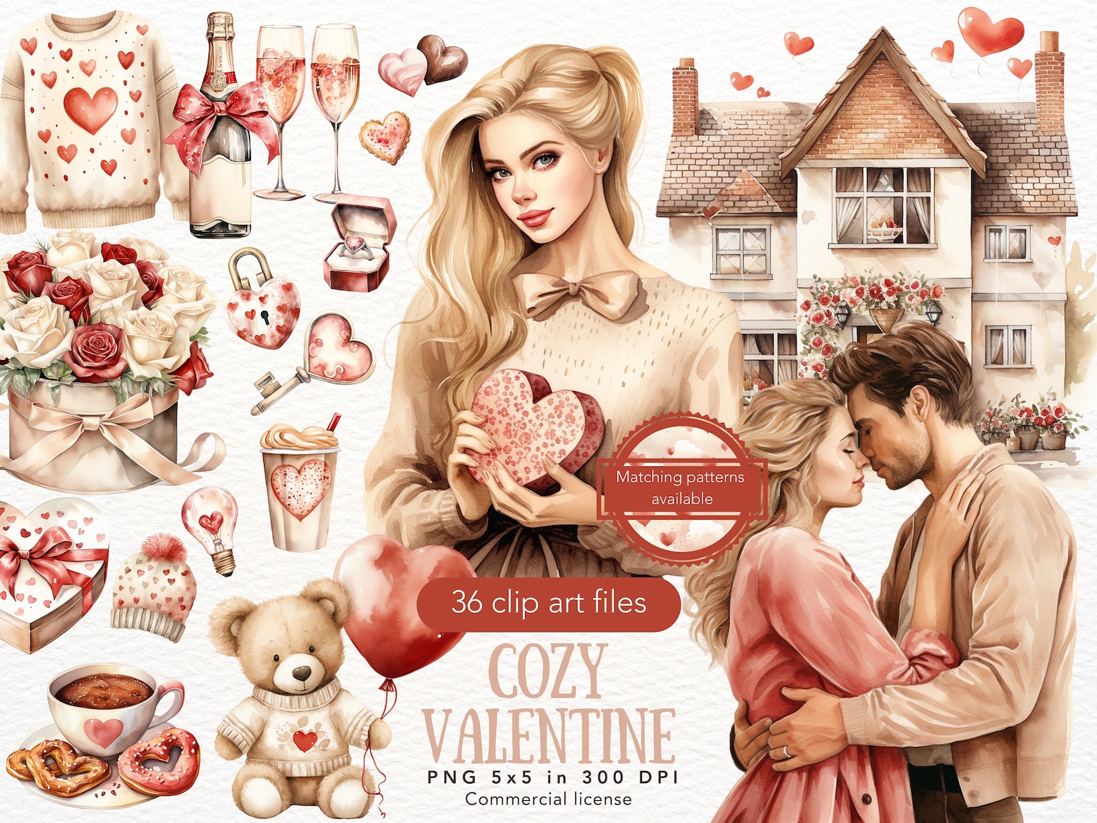 Watercolor Cozy Valentine Clipart Bundle, Valentines Day Clip Art PNG ...