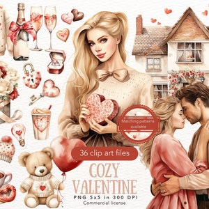 Watercolor Cozy Valentine Clipart Bundle, Valentines Day Clip Art PNG ...
