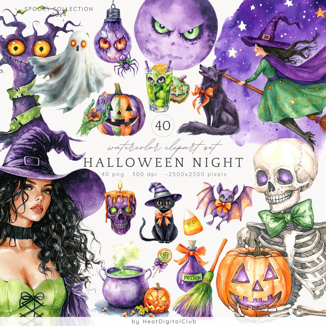 Watercolor Halloween Night Clipart, Spooky Creepy Halloween Clip Art ...
