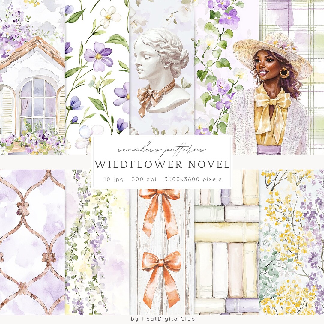 Watercolor Wildflower Novel Seamless Patterns, Floral Rustic JPEG ...