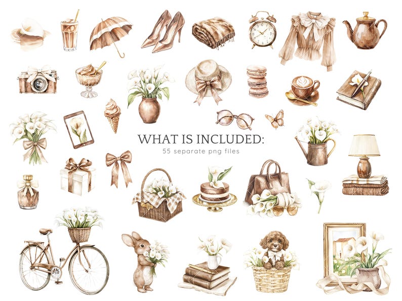 Watercolor Mocha Spring Clipart, Cottage Spring Summer Garden, Cozy ...
