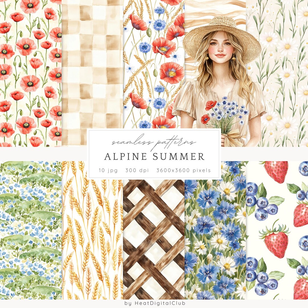 Watercolor Alpine Summer Seamless Patterns, Floral Pattern Set ...