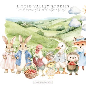 Watercolor Little Valley Stories Clipart, Vintage Bunny PNG, Cute ...