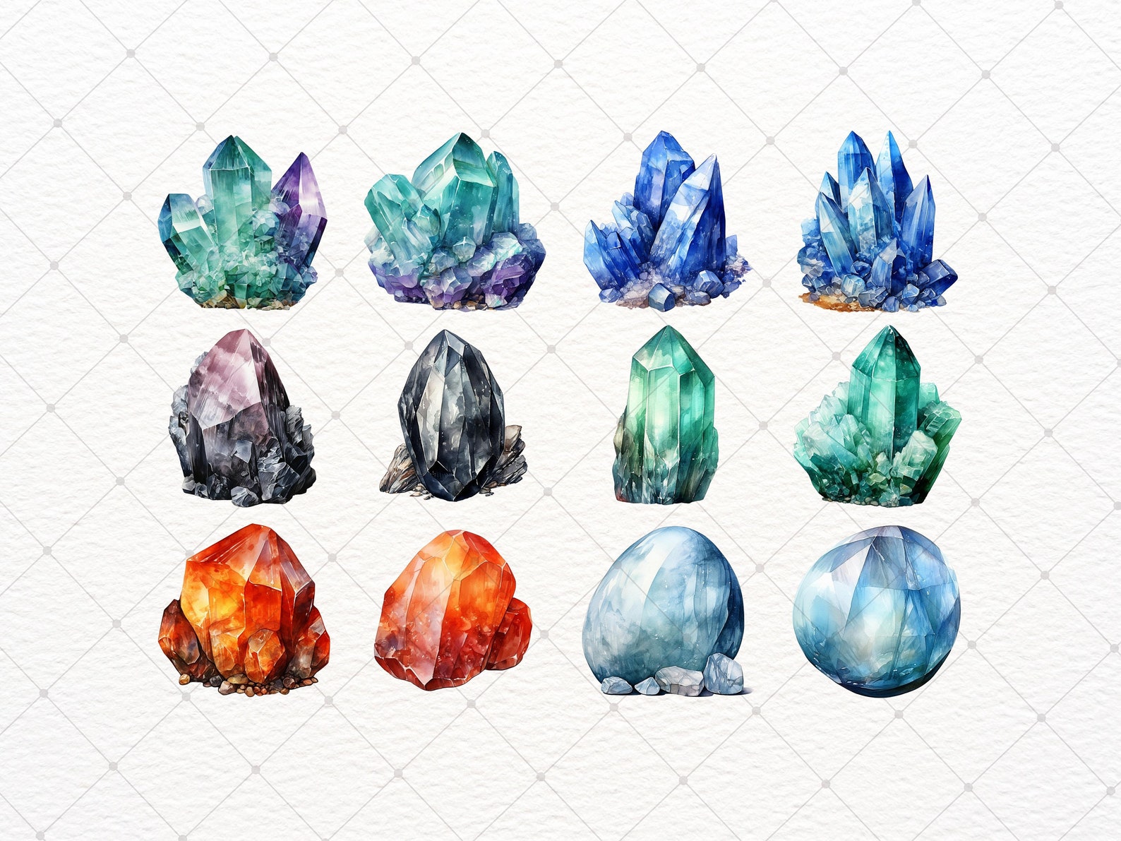 Watercolor Crystals Gemstones Clip Art, Crystals and Minerals PNG Bundle, Digital Download ...