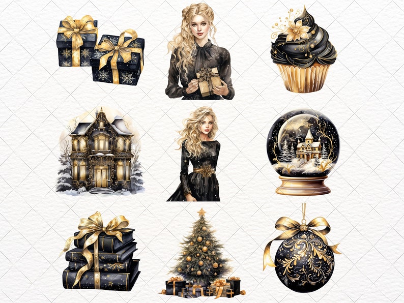 Watercolor Black & Gold Christmas Clipart Bundle, Festive Holiday Clip ...