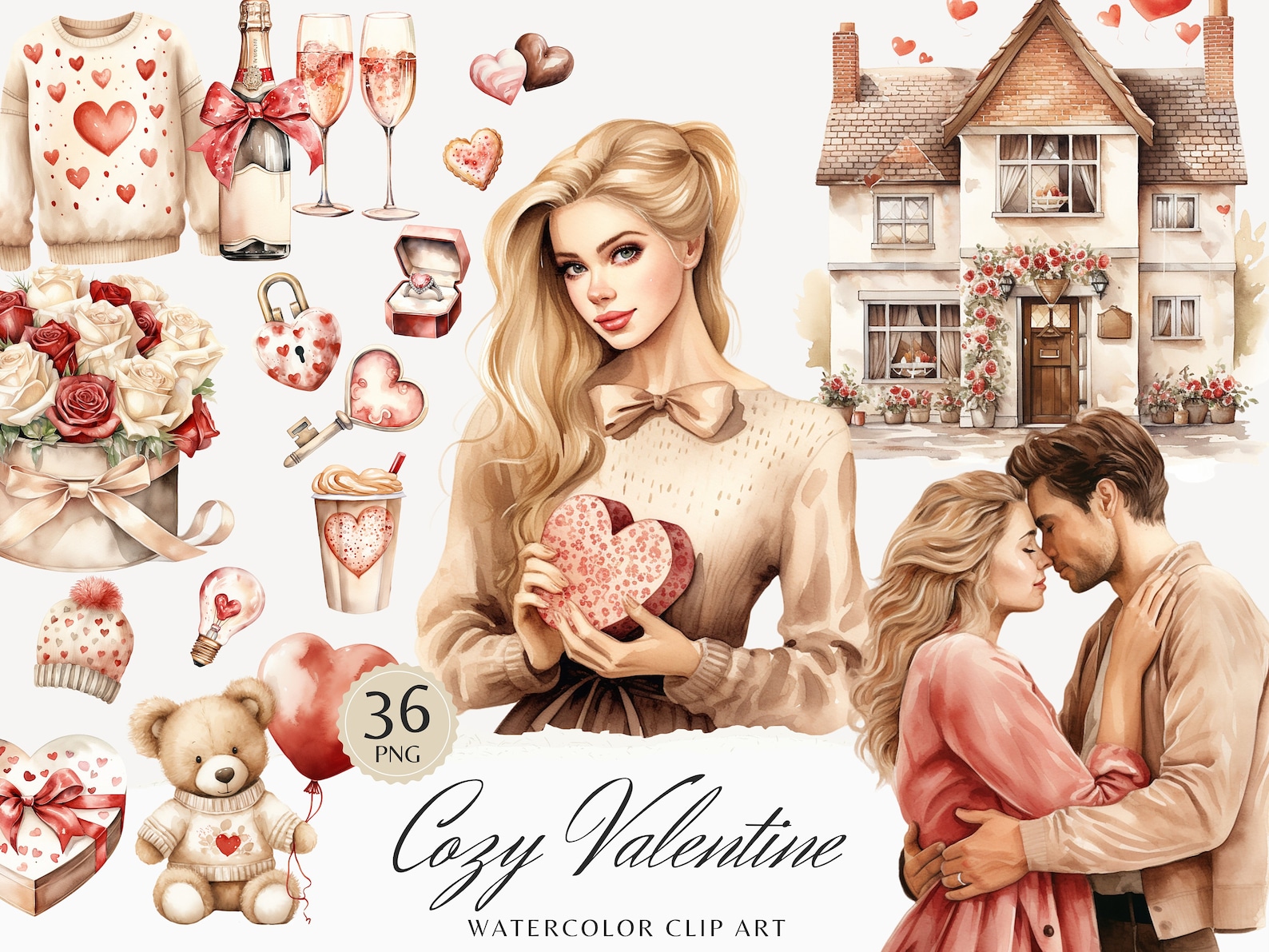Watercolor Cozy Valentine Clipart Bundle, Valentines Day Clip Art PNG ...