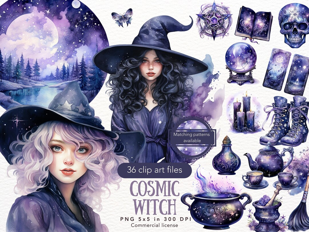 Watercolor Cosmic Witch Clipart Bundle, Celestial Magic Witch Clip Art ...