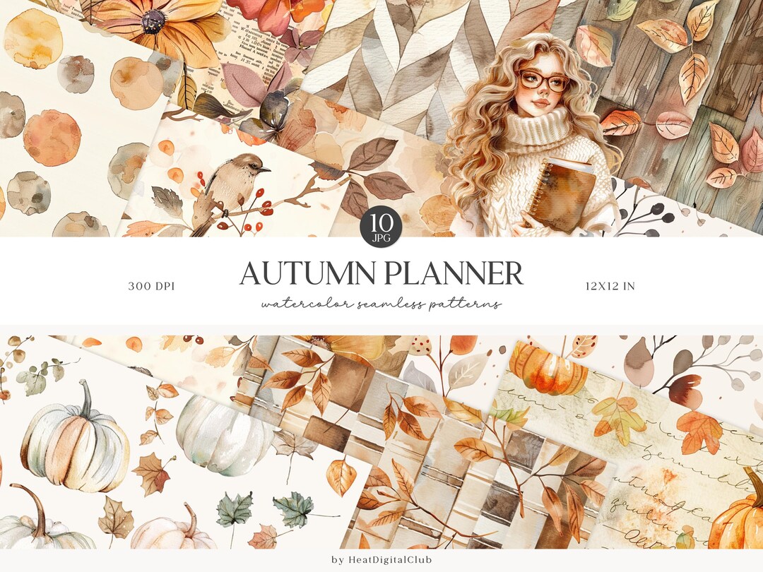 Watercolor Cozy Autumn Planner Seamless Patterns, Pattern JPEG, Fall ...